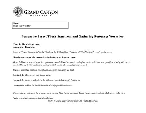 Thesis Statement Practice Worksheet
