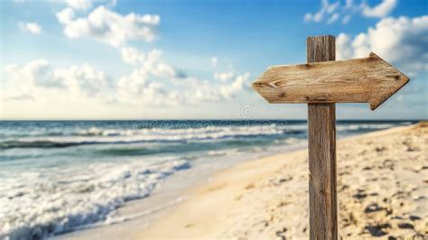Weathered Wooden Arrow Sign On Sandy Beach By Ocean Stock Illustration