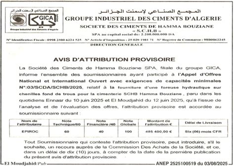 Avis Dattribution Provisoire Du Marché N° 03scdaschb2025 Foreuse
