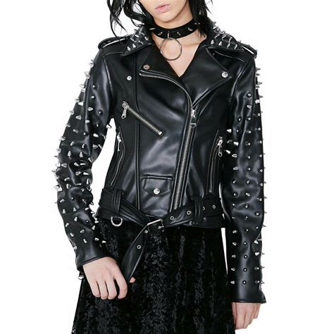 Womens Spikes Black Leather Belted Jacket Punk Biker Style Jacket Hunt