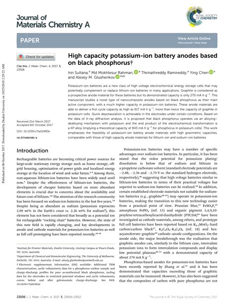 Pdf High Capacity Potassium Ion Battery Anodes Based On Black Phosphorus