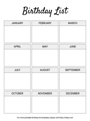 Free Printable Birthday List Templates Track And Calendar Your