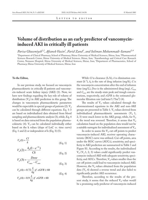 Pdf Volume Of Distribution As An Early Predictor Of Vancomycin