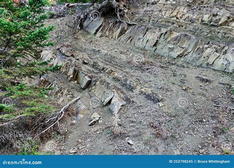 Sedimentary Rock Layers On Greek Mountain Side Greece Stock Image