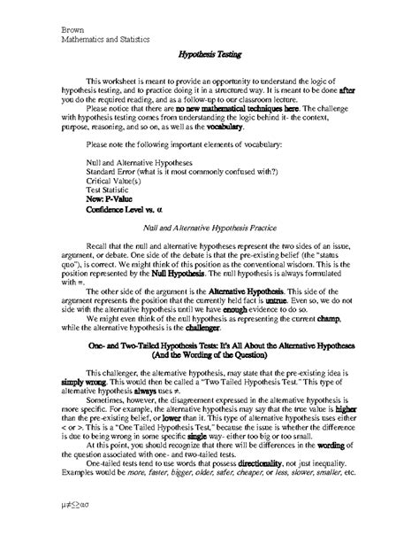 Worksheet Hyp Testing Revised Sp24 Mathematics And Statistics Hypothesis Testing This