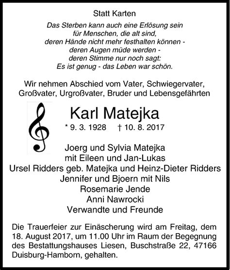 Traueranzeigen Von Karl Matejka Trauer In Nrwde