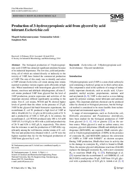Pdf 3 Production Of 3‑hydroxypropionic Acid From Glycerol By Acid