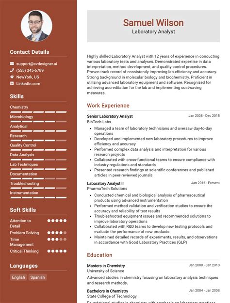 Laboratory Analyst Cv Example For 2024 Professional Cv Templates