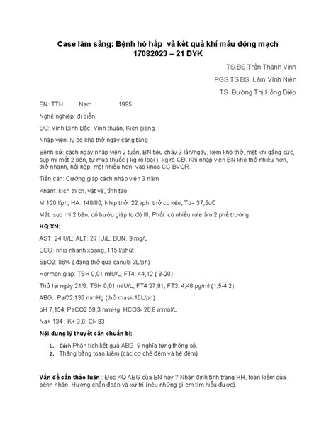 Case Ls Thhs Module Hohap 21dyk 17082023 Guisv Case Lâm Sàng Bệnh Hô Hấp Và Kết Quả Khí Máu