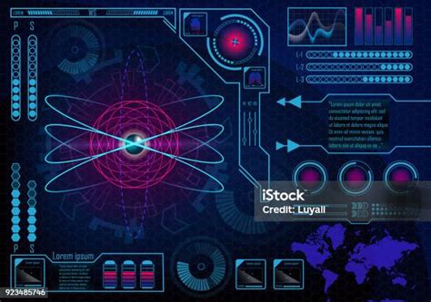 미래의 레이더 원자 사용자 인터페이스입니다 Hud입니다 인포 그래픽의 미래 파란색 배경입니다 세계 지도와 설정 Gui 홀로그램입니다 폐의 심장 배터리 벡터 Eps 10입니다