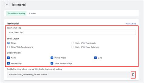 Testimonial Settings WebContrive
