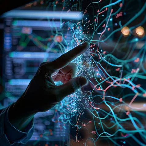 Hand Interacting With Futuristic Digital Network Interface In Dark
