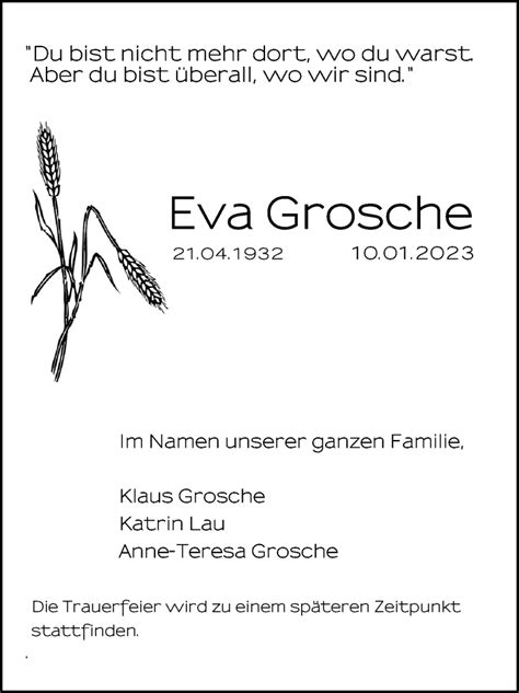 Traueranzeigen Von Eva Grosche Trauer Anzeigende