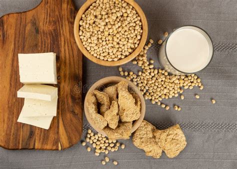 Soy Foods Collection With Soy Meat Soybeans Soy Milk And Tofu Stock