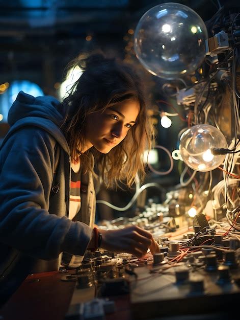 Premium Ai Image A Girl Programming Light Sequences On A Small Diy