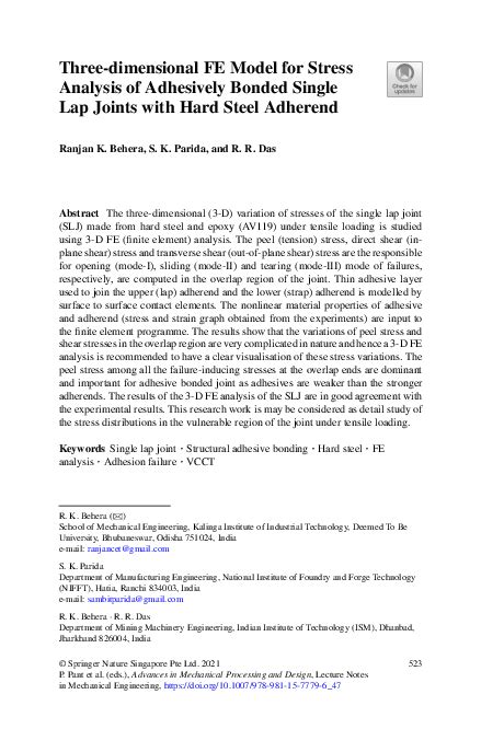 Pdf Three Dimensional Fe Model For Stress Analysis Of Adhesively Bonded Single Lap Joints With