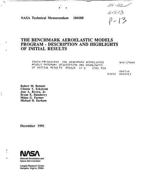 The Benchmark Aeroelastic Models Program Description And Highlights Of Initial Results Pdf