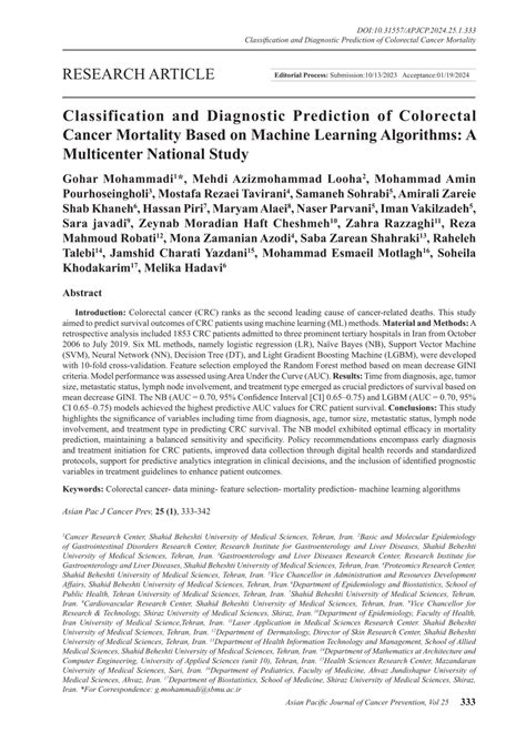 Pdf Classification And Diagnostic Prediction Of Colorectal Cancer
