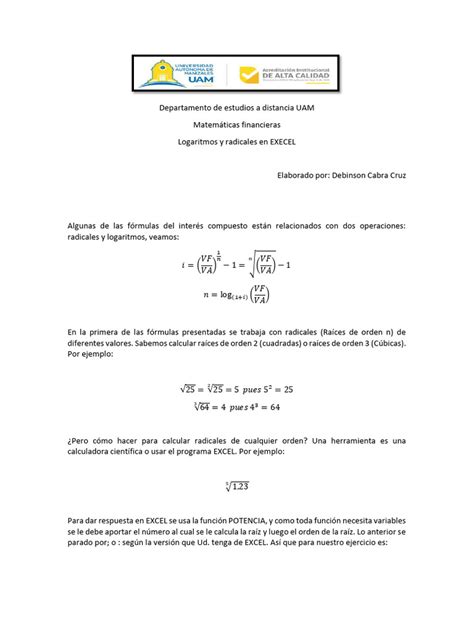 Logaritmos Y Radicales En Excel Pdf Logaritmo Microsoft Excel