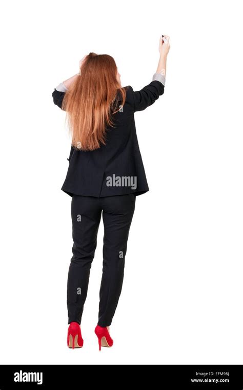 Back View Of Writing Beautiful Redhead Business Woman Young Girl In