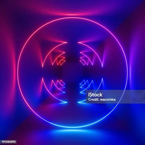 3d 렌더링 자외선 스펙트럼 빛나는 반지 원형 원형 네온 조명 추상 환각 평방 배경 입방 룸 복도 터널 관점 활기찬 색상 착시에