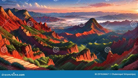 Danxia Landform Anime Drawing Style Line Art Royalty Free Stock Image