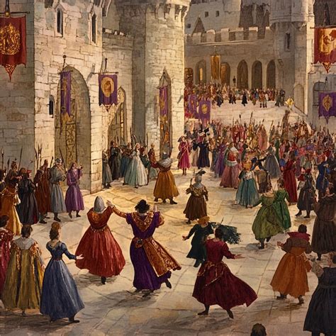 A Medieval Dance Festival With People In Period Attire Dancing In A