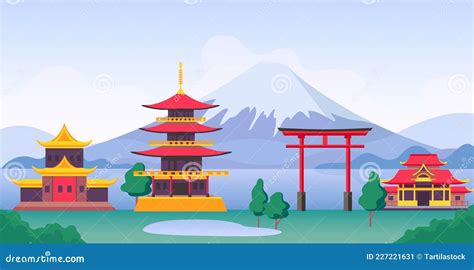 Japan Landscape With Mountain Fuji Landmarks Temples And Old Building