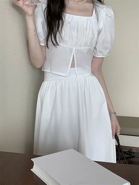 모어라벨 러블리set 스퀘어넥 트임 벌룬 블라우스하이웨스트 롱스커트 투피스 세트