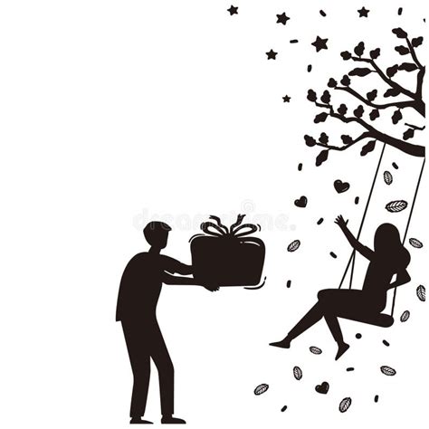 Lover Couple Siting Together On Swing In Romantic Scene Under The Tree Stock Vector