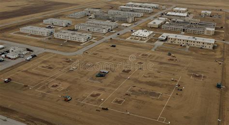 Aerial View Of Military Base Training Grounds Beige Buildings And