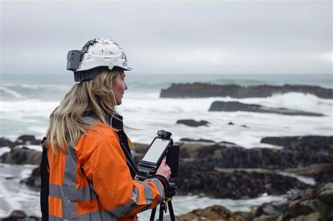Scientist Calibrating Environmental Sensors In Nature Premium Ai