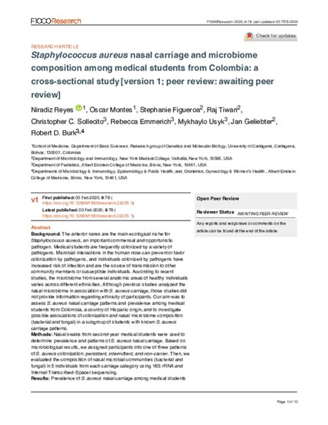 Pdf Staphylococcus Aureus Nasal Carriage And Microbiome Composition