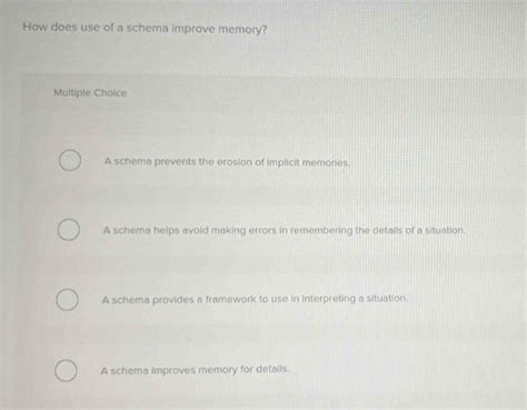 Solved How Does Use Of A Schema Improve Memory Multiple Choice A Schema Prevents The Erosion