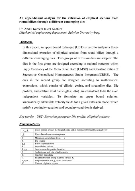 Pdf An Upper Bound Analysis For The Extrusion Of Elliptical Sections From Round Billets