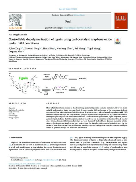 Pdf Controllable Depolymerization Of Lignin Using Carbocatalyst
