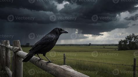 A Raven Perched On A Fence Against A Backdrop Of Dark Storm Clouds And