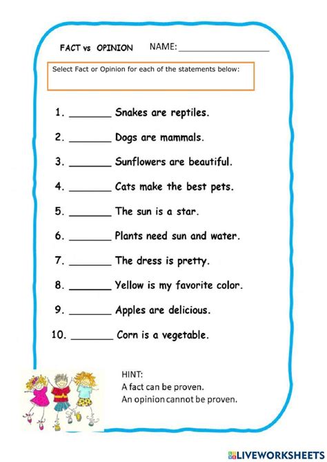 Facts And Opinions Worksheets Fact And Opinion Worksheet English