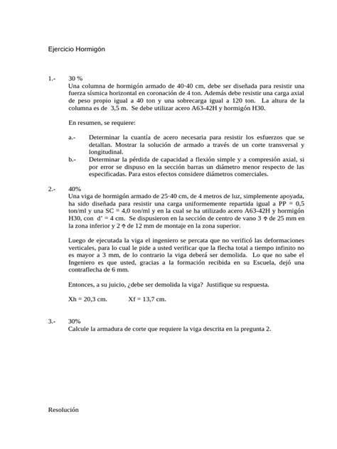 Ejercicio Hormigón Pdf Concreto Reforzado Hormigón