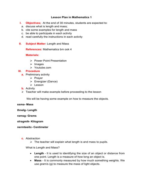 Lesson Plan In Mathematics 1