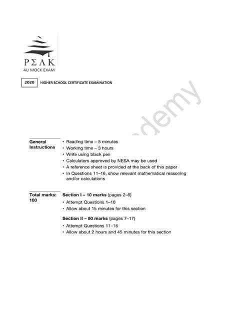 Peakmaths Ext 2mock Hsc Exam 2020 Pdf Complex Number