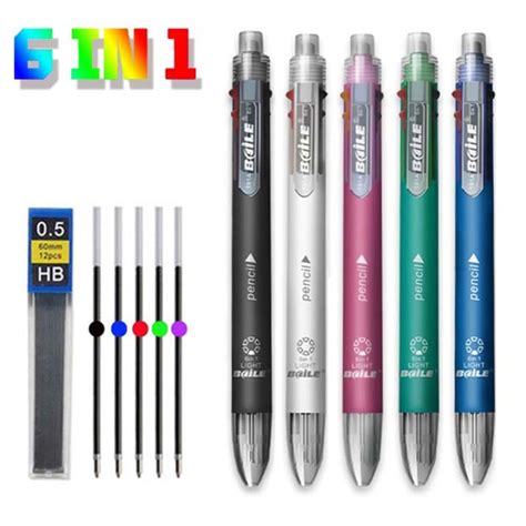 6 In 1 Multicolor Roll Ball Pen Set With Refills Lead 5 Color Ballpoint