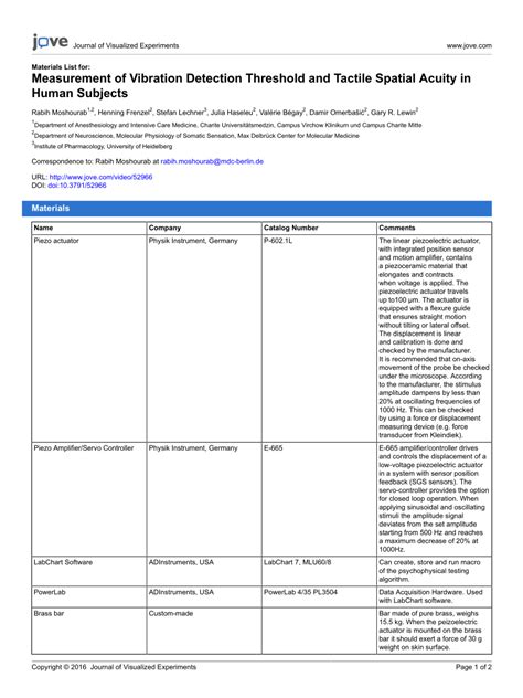 Pdf Measurement Of Vibration Detection Threshold And Tactile Spatial
