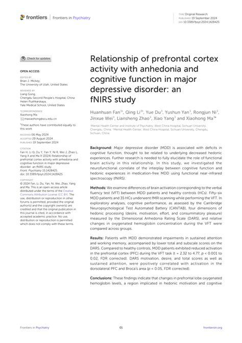 Pdf Relationship Of Prefrontal Cortex Activity With Anhedonia And