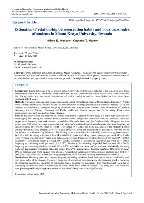 Pdf Estimation Of Relationship Between Eating Habits And Body Mass