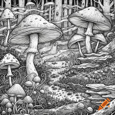 Detailed Black And White Line Drawing Of A Dense Fantastical Mushroom