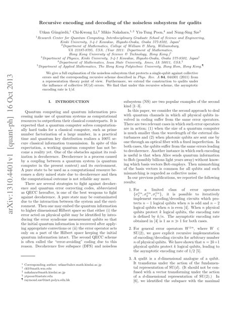 Pdf Recursive Encoding And Decoding Of The Noiseless Subsystem For Qudits