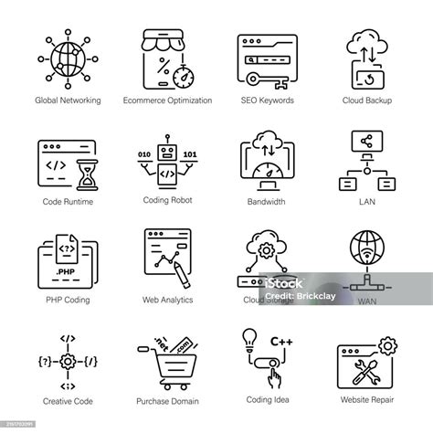 코딩 및 Seo 선형 아이콘 팩 Php 프로그래밍 언어에 대한 스톡 벡터 아트 및 기타 이미지 Php 프로그래밍 언어 개선 검색 Istock
