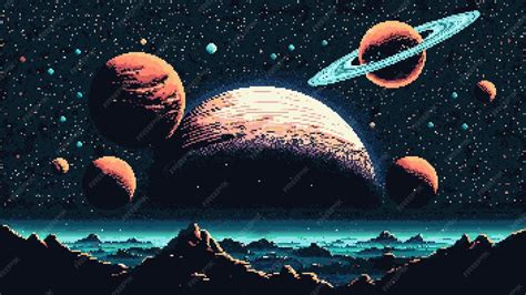 Paisagem Espacial De Galáxia De Pixel De 8 Bits Com Planetas E Estrelas