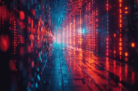 Binary Code Tunnel Red And Blue Glowing Numbers Stock Illustration